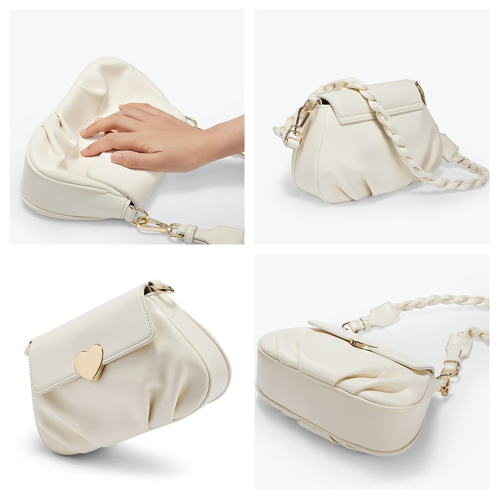 ZEHO Cloud Crossbody Shoulder Bag Dumpling Purse Women Small PU Leather Crossbody Bag Girls Ruched Handbag, White
