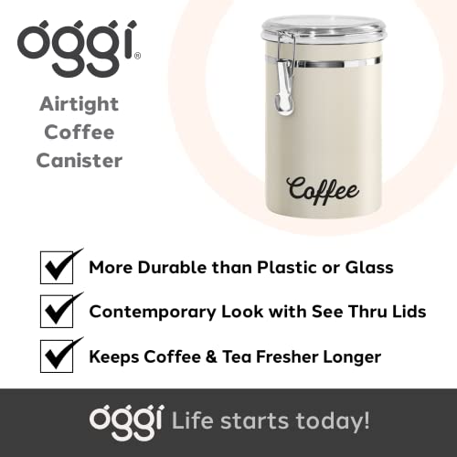 Oggi Stainless Steel Coffee Canister 62oz - Airtight Clamp Lid, Warm Gray, Tinted See-Thru Top - Ideal for Coffee Bean Storage, Ground Coffee Storage, Kitchen Storage, Pantry Storage. 5 x 7.5