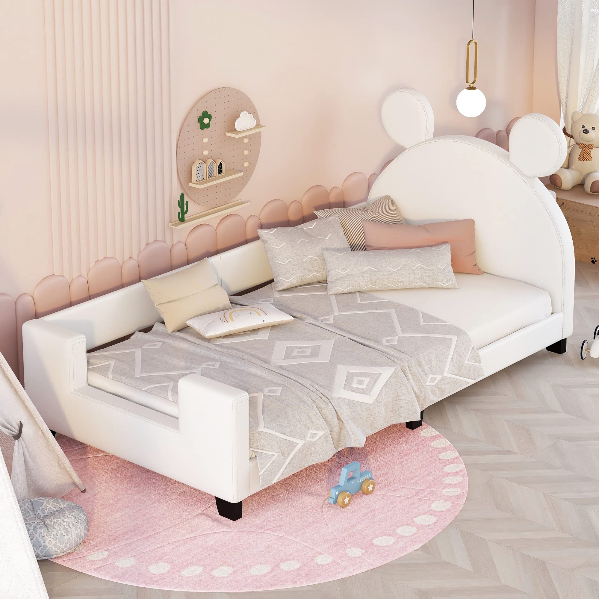 Harper & Bright Designs Twin Size Upholstered Daybed with Carton Ears Shaped Headboard for Kids Boys Girls, White