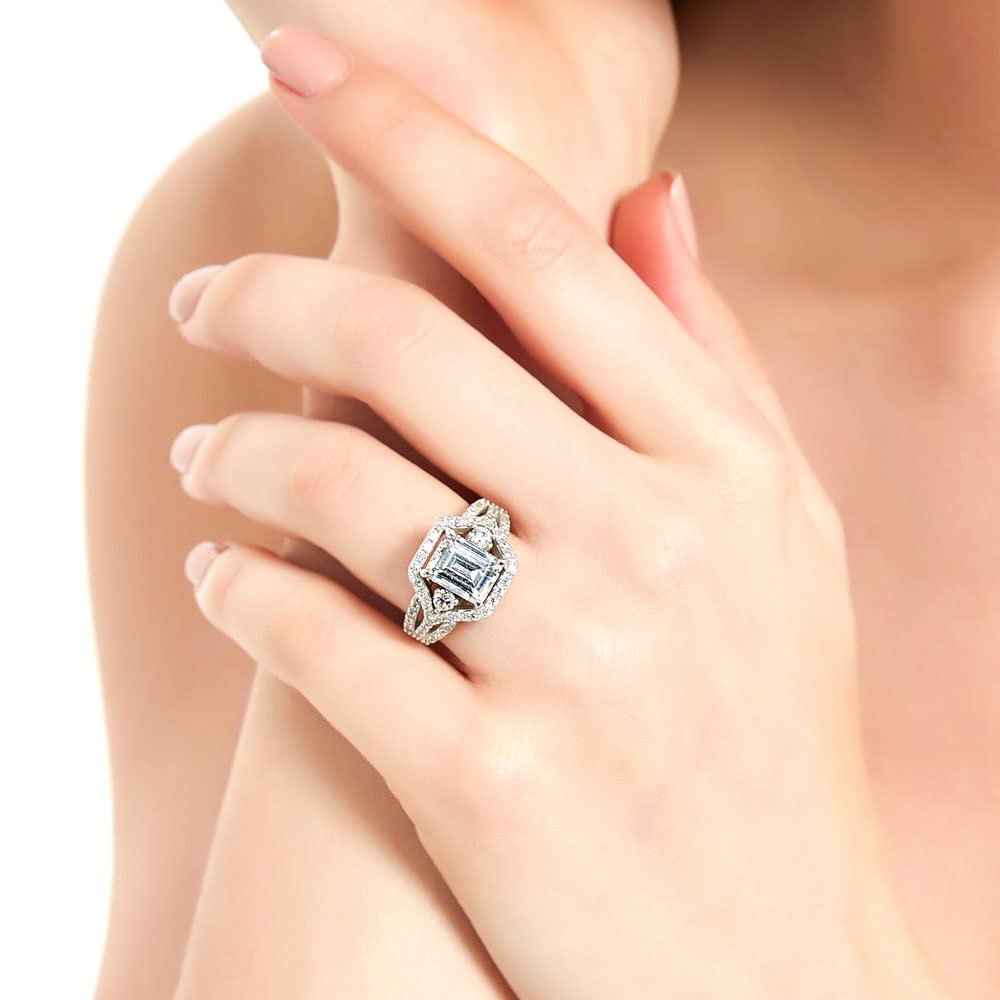 BERRICLE Sterling Silver 3-Stone Emerald Cut Cubic Zirconia CZ Statement Art Deco Cocktail Fashion Split Shank Ring for Women, Rhodium Plated Size 9