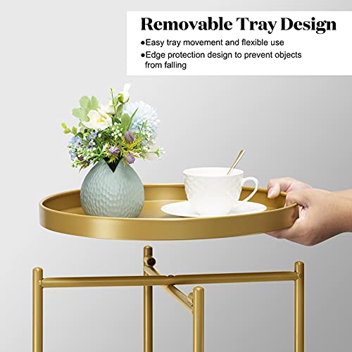 danpinera 2-Tier End Table, Outdoor Side Table Metal Round Side Table with Removable Tray, Small Folding Accent Table, Anti-Rust Nightstand for Bedroom Balcony Patio Living Room (Gold)