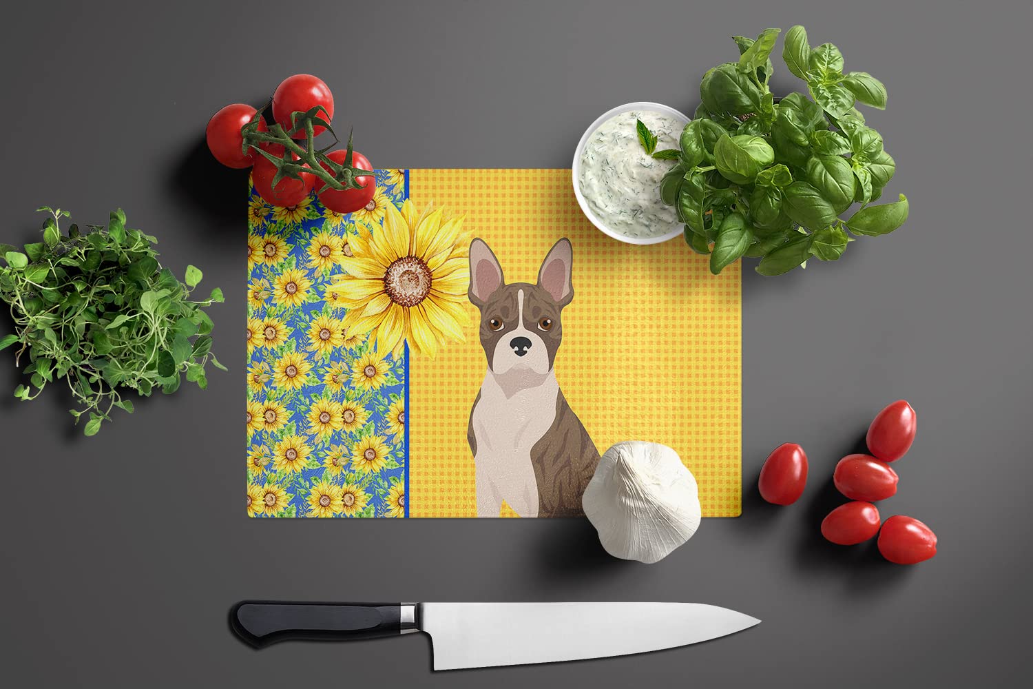 Caroline's Treasures WDK5337LCB Summer Sunflowers Brindle Boston Terrier Glass Cutting Board Large Decorative Tempered Glass Kitchen Cutting and Serving Board Large Size Chopping Board