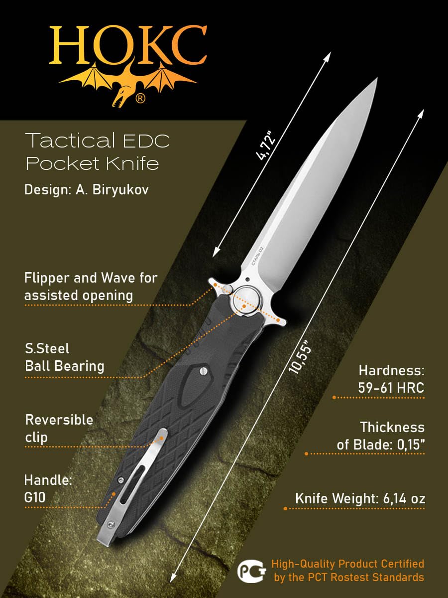 HOKC Condor-2 | 341-100401 | Pocket Knife, EDC Knife by Official Dealer - Designed by Russian Master Aleksander Biryukov - Liner Lock, G10 Handle, Thumb Stud, Finger Flipper, Reversible Pocket Clip, Long and Durable D2 Stainless Tool Steel, Satin Finished