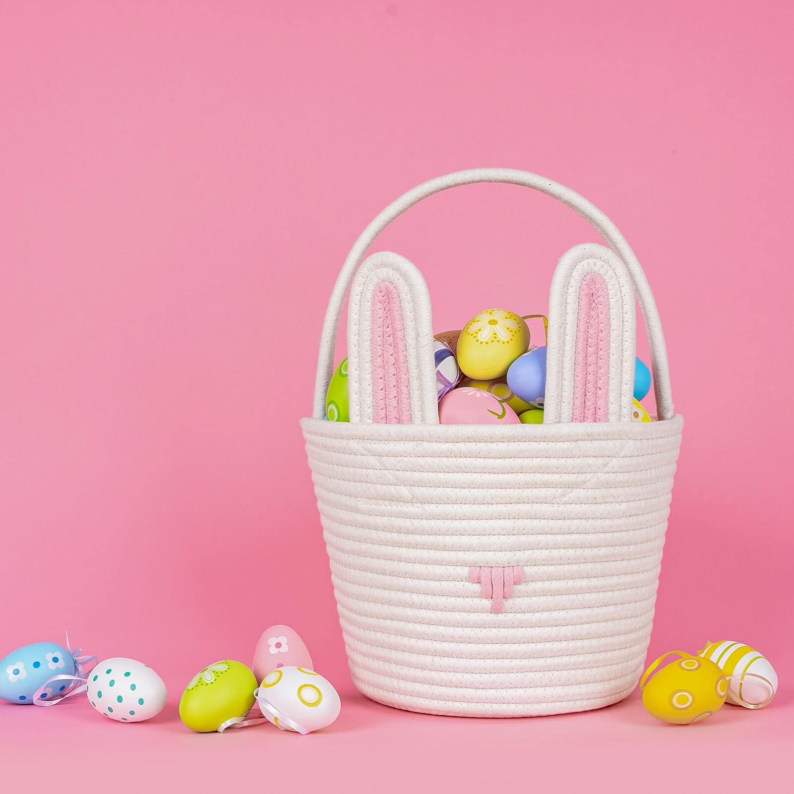 CubesLand Easter Bunny Basket Easter Buckets for Kids with Ear, Easter Egg Hunt Basket Bags Easter Gifts for Girls Baby Kids Children Pink White 9.8 x 7.8 x 7.8β