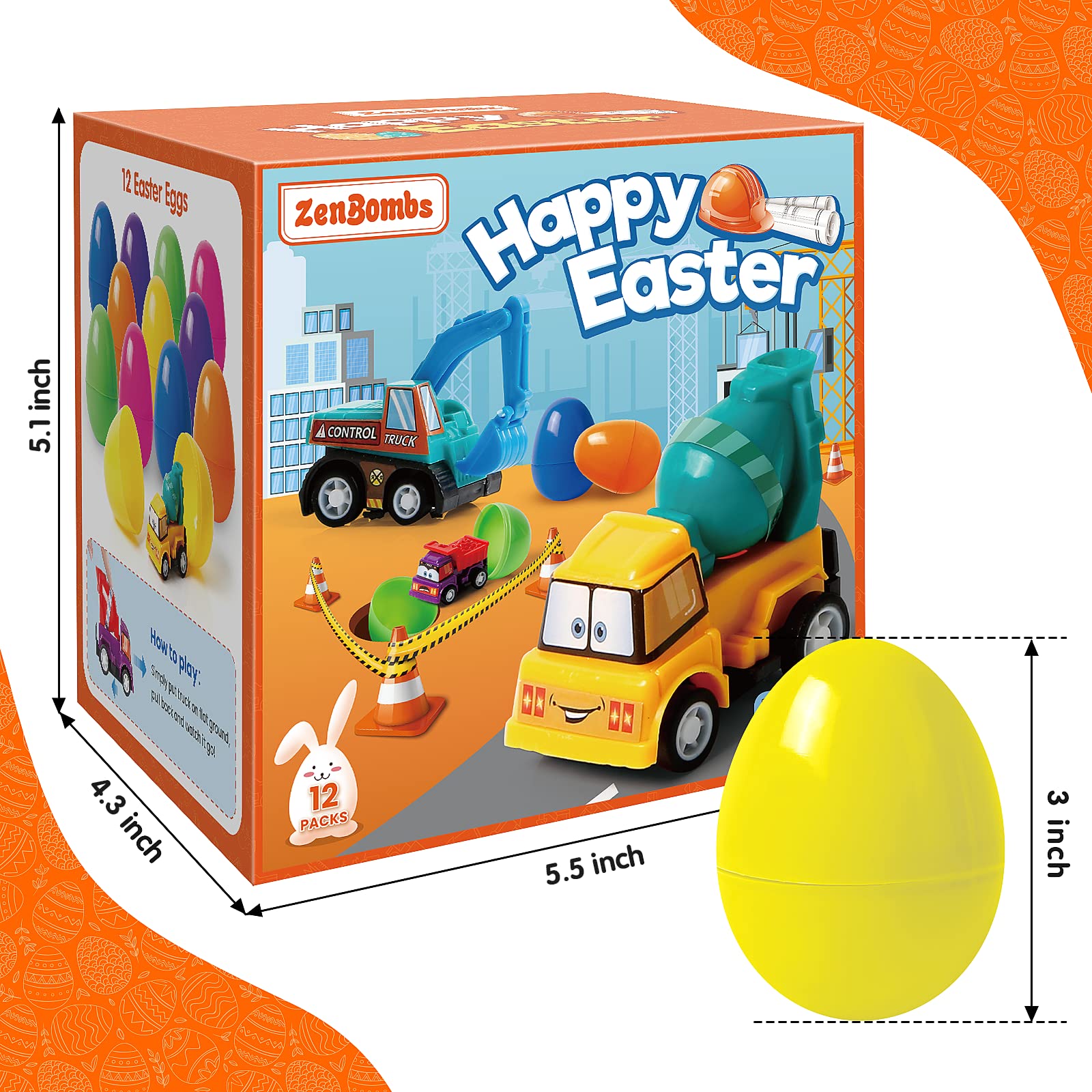 ZenBombs Easter Eggs 12 Plastic Easter Eggs Filled with Pull-Back Engineering Toys Presents for Easter Egg Hunt, Birthday Party for Kids Over 3 Years Old