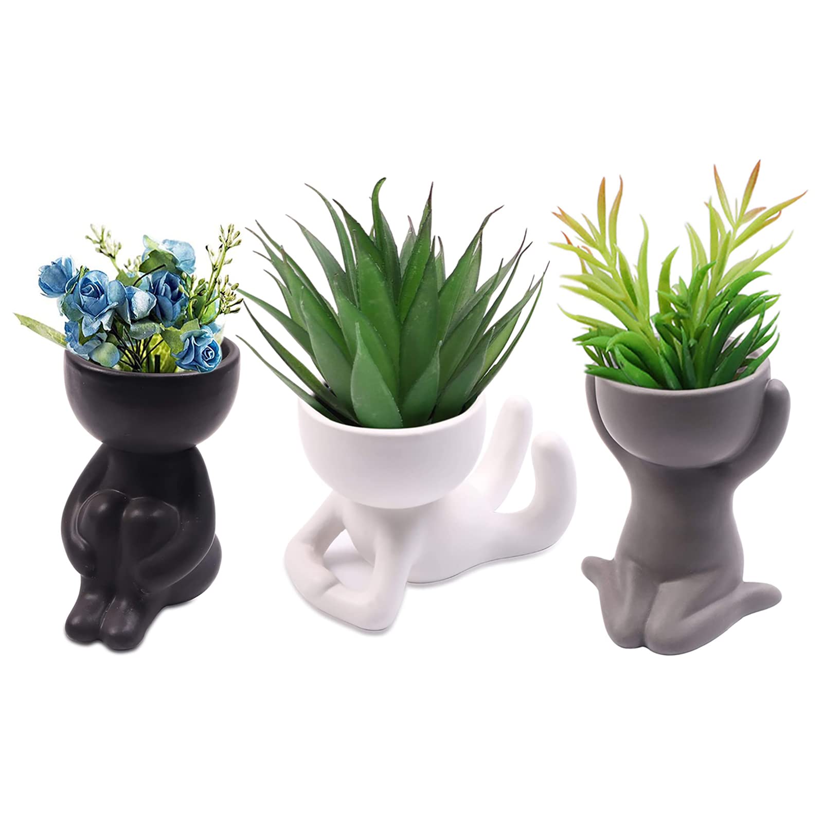 DIYOMR Cute Humanoid Ceramic Doll Flower Pot Decorative Pot,Succulent Flower Cactus Bonsai Planter Pots Container Creat Design for Home Office Decor,Not Include Plants (3Pcs White)