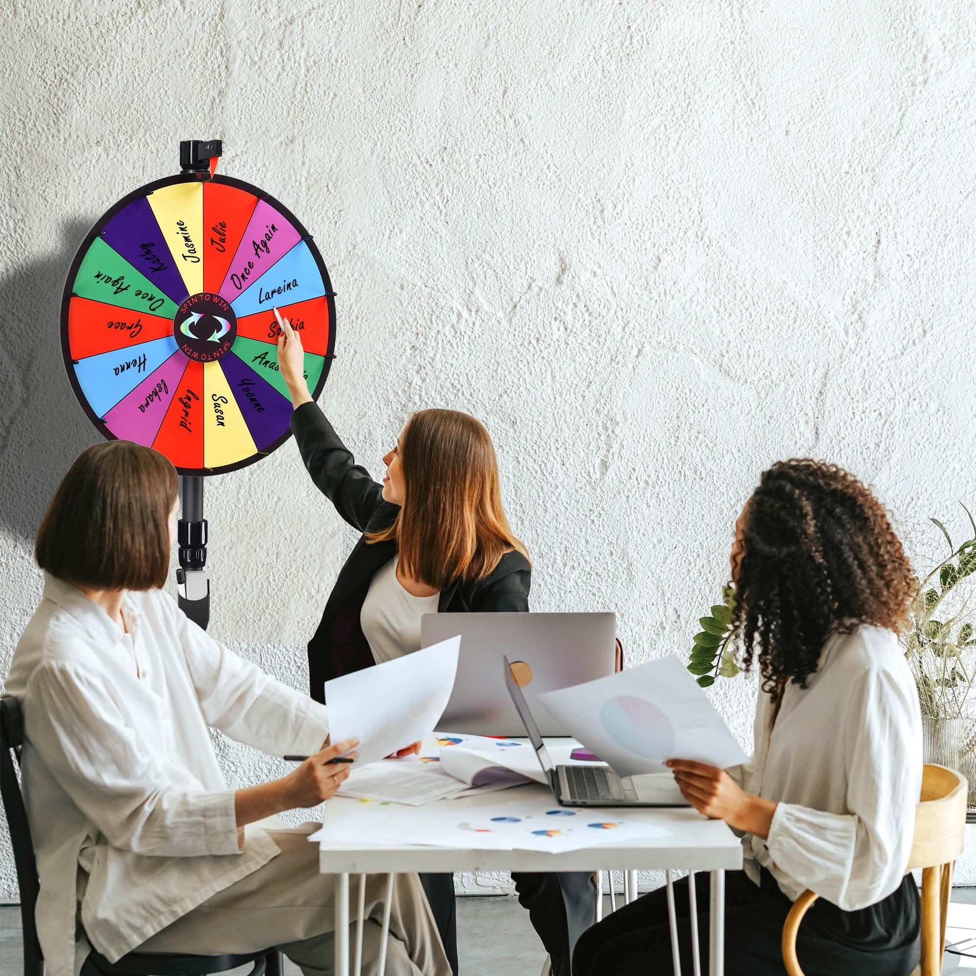 WinSpin 24 Inch Heavy Duty Prize Wheel Dual Use Adjustable Tabletop and Floor Stand Fortune Wheel with Dry Erase Marker & Eraser 14 Slots Spinning Wheel for Carnival Spinner Game and Tradeshow