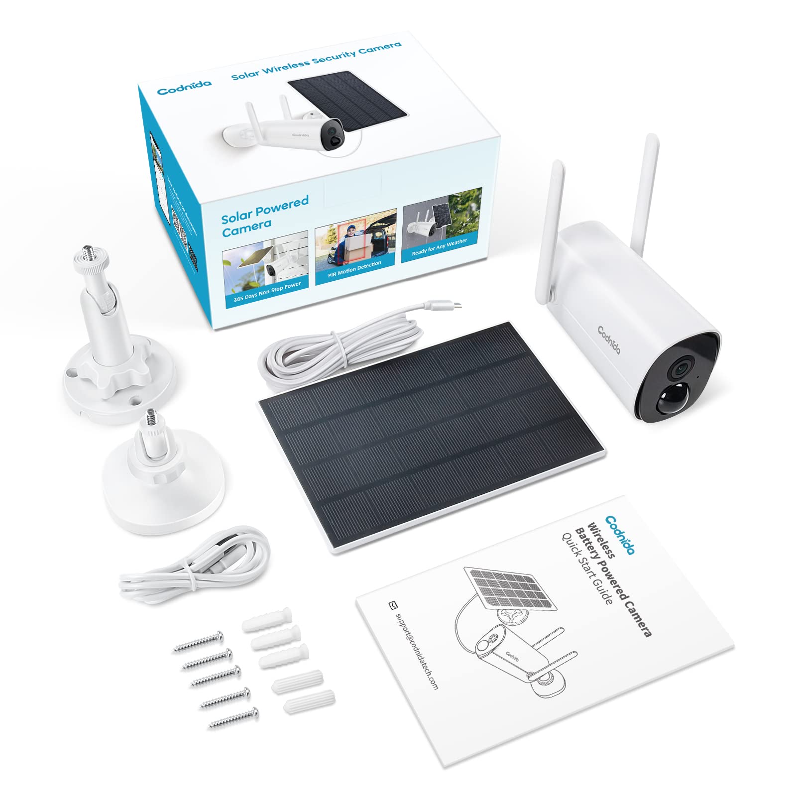 Codnida Wireless Outdoor 2.4Ghz WiFi Security Camera with Motion Detection, Solar Battery Powered, 2K HD, 2-Way Audio,Night Vision, IP66