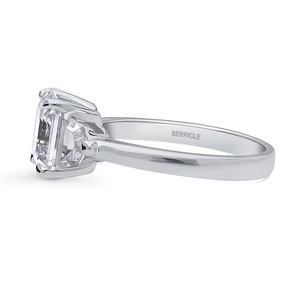 BERRICLE Sterling Silver 3-Stone Wedding Engagement Rings Asscher Cut Cubic Zirconia CZ Ring for Women, Rhodium Plated Size 8