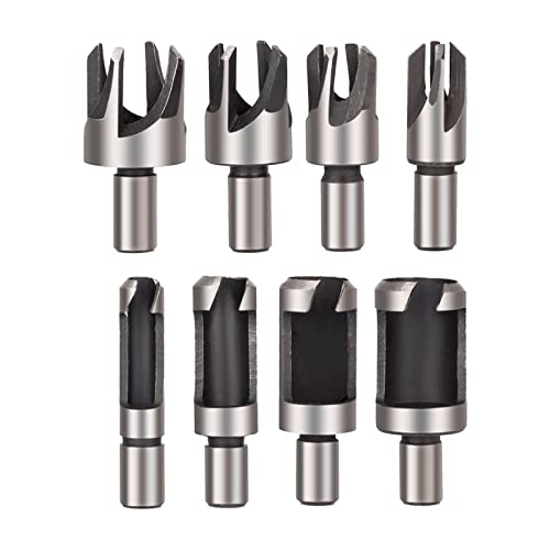 dophee 8Pcs Wood Plug Cutter Drill Bit Set, Straight and Tapered Taper 1/4" 3/8" 1/2" 5/8" Cutting Tool Cork Drill Bit Knife for Woodworking