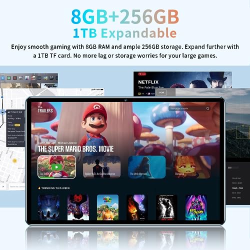 BLACKCYBER Android 13 10.1 Inch Tablet, 8GB RAM 256GB ROM Octa-Core Processor, 1960x1200 IPS FHD Screen, 8+16MP Camera, Bluetooth 5.0, 2.4G/5G WiFi, 8000mAh, GPS, Dual Speaker, 1TB Expandable (Blue)