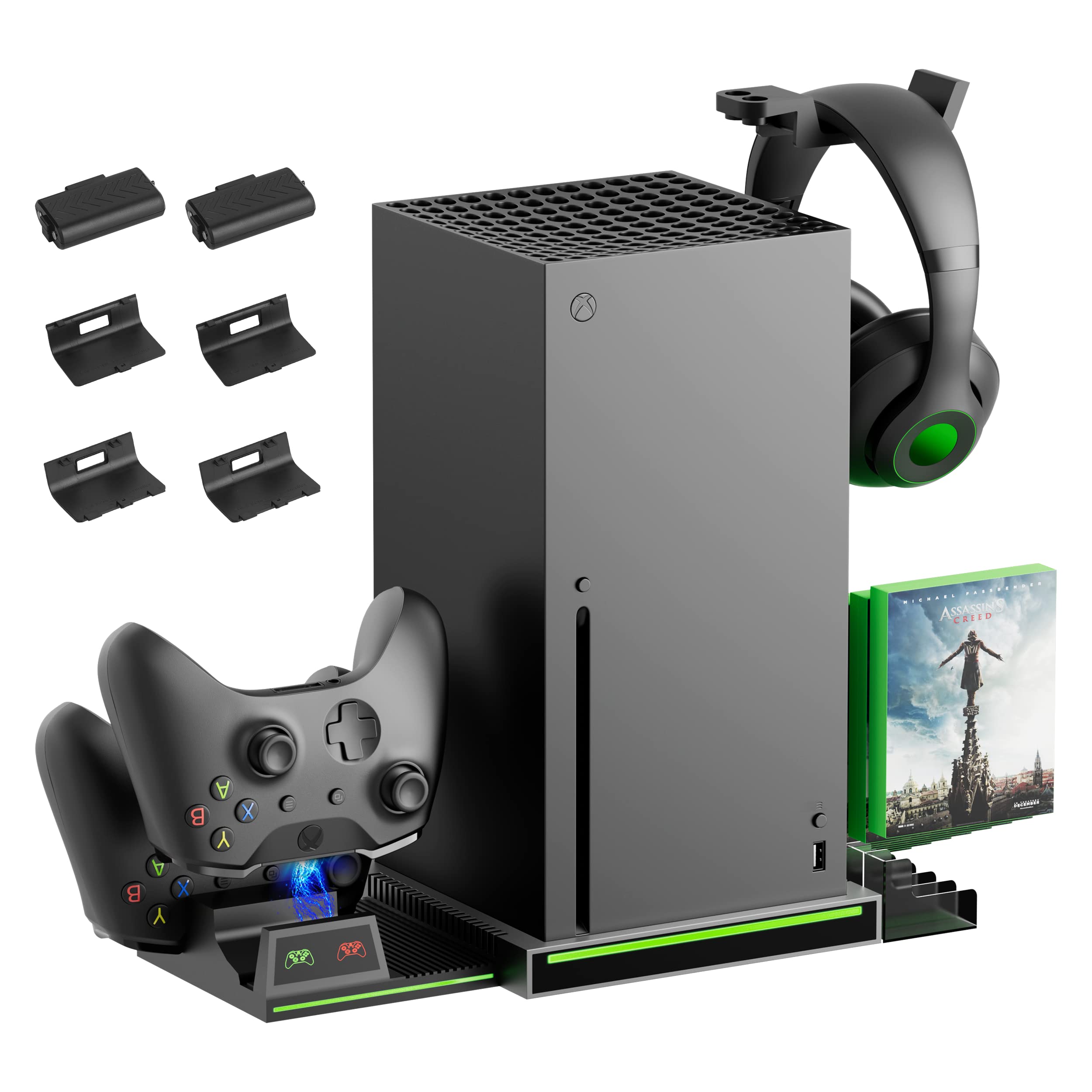 Charging Stand for Xbox Series X, RTTACRTT Dual Controller Charging Station Dock with 2 Rechargeable Battery Pack, 10 Game Storage Organizer & Headphone Holder for Xbox Series X Accessories