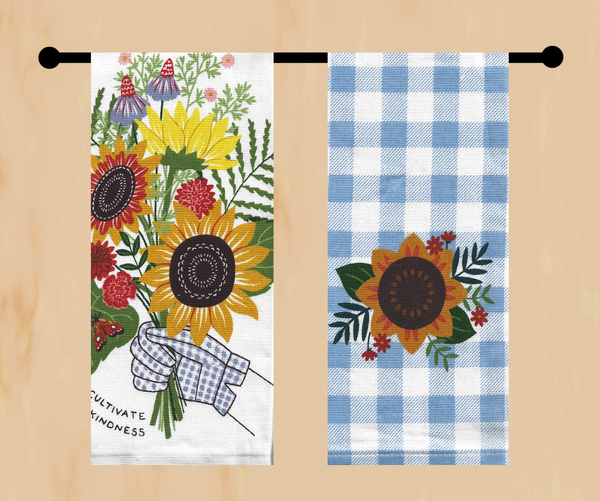 Celebrate Kitchen Towel Set of 2, Sunflowers Blue and White Buffalo Plaid Dishtowels