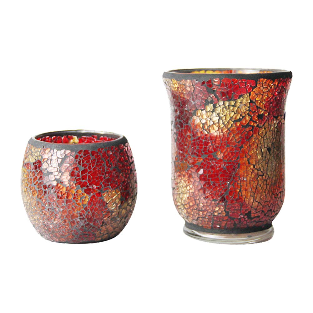 Two-piece Orange Red Mosaic Glass Tea Light Candle Holder Ball and Wind Lantern Shape Votive Candleholder Romantic Handmade Gifts Christmas Candlestick Holders Home Decor Wedding Party Table Decor