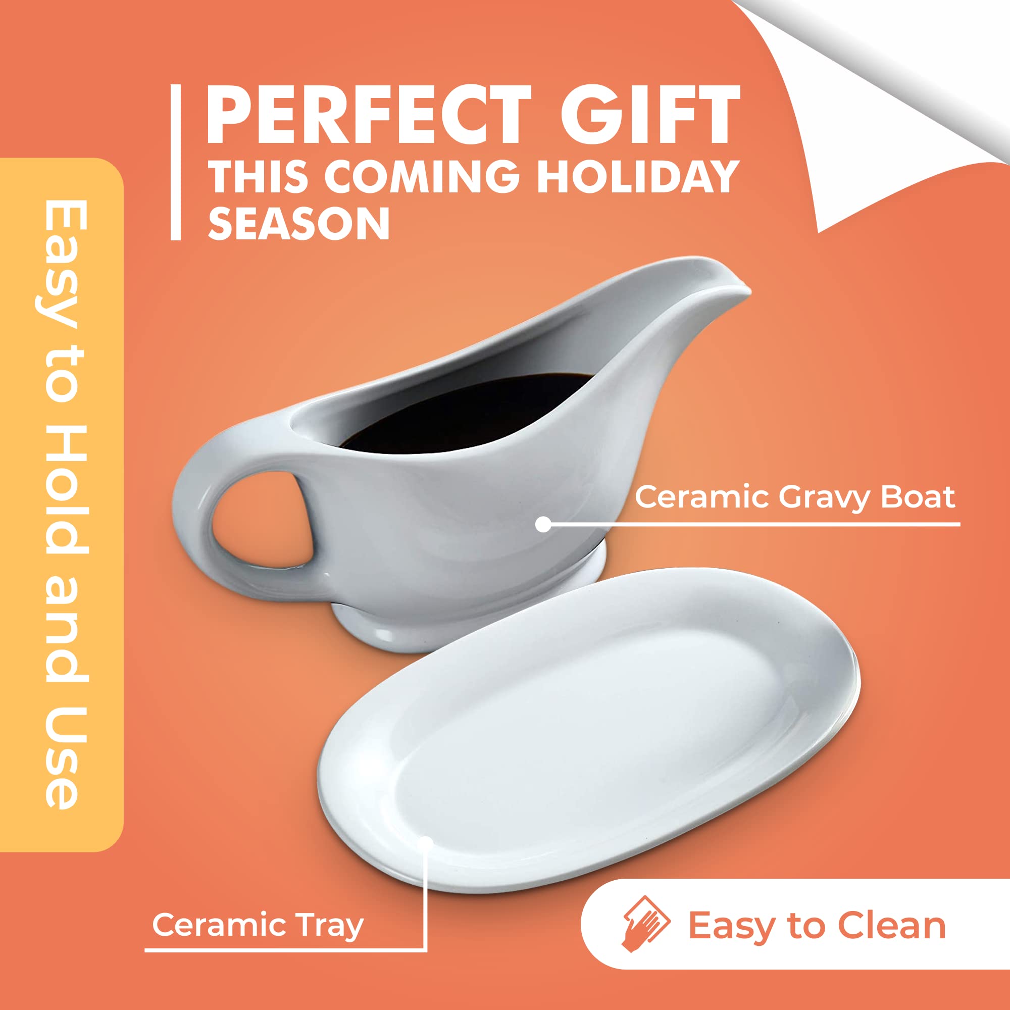 Bruntmor 11 Oz White Ceramic Gravy Boat With Tray, 11 Ounce Small Ceramic Serving Dish, Dispenser with Tray For Sauces, Gravy Boats With Saucer For Thanksgiving And Christmas Dinner