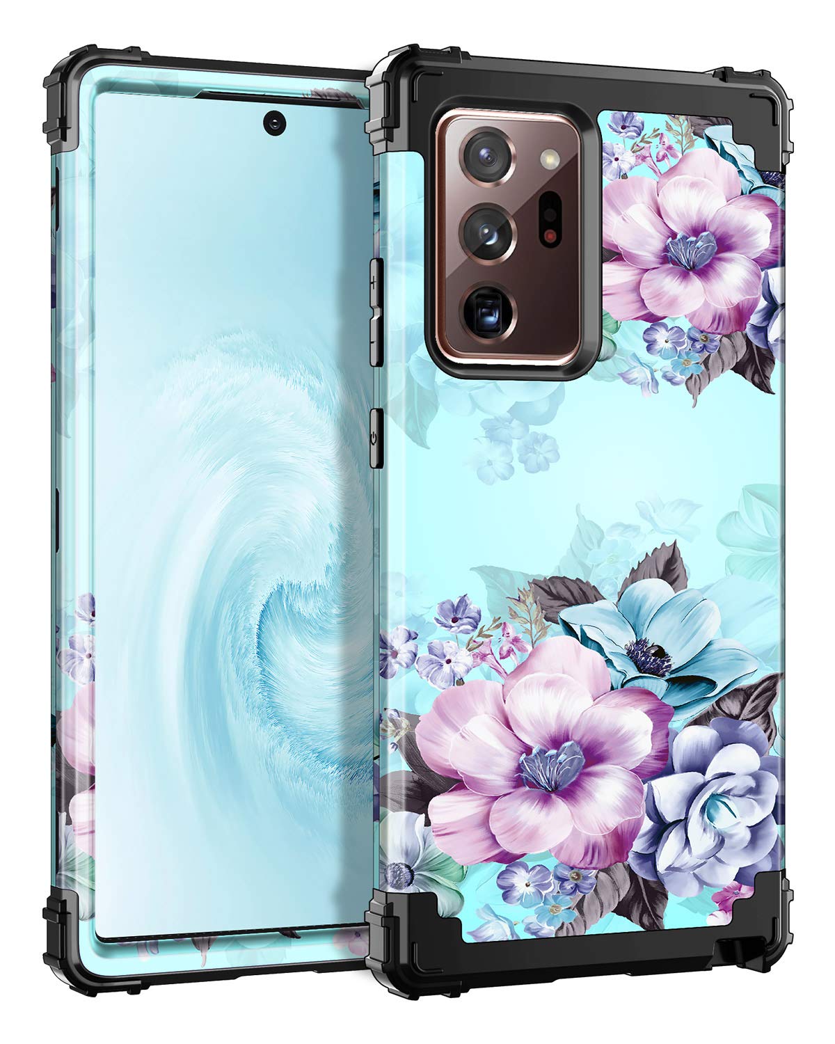 Casetego Compatible with Galaxy Note 20 Ultra Case,Floral Three Layer Heavy Duty Hybrid Sturdy Shockproof Full Body Protective Cover Case for Samsung Galaxy Note 20 Ultra 6.9 inch,Blue Flower