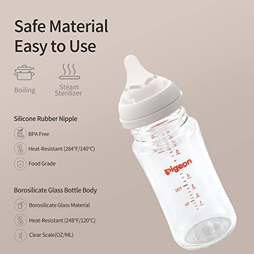 Pigeon Nursing Baby Bottle Wide Neck(Pack of 4, 2 Glass Bottles & 2 PPSU Bottles), Streamlined Body, Natural Feel, Easy to Clean, Heat-Resistant, 8.1Oz