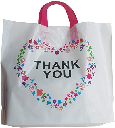 inkalfa 24 Pcs Beige Thank You Bags,Gift Bags with Soft Loop Handle,Plastic Bags Boutique Bags,Size:15"x12"x3"(38 * 30 * 8CM 2.8 Mil.