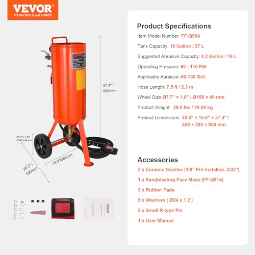 VEVOR 10 Gallon Heavy-Duty Sand Blaster, 60-110 PSI High Pressure Sandblaster, Portable Abrasive Blasting Tank, Air Sand Blasting Kit with 2 Ceramic Nozzles & 7.5ft Hose for Paint, Stain, Rust Removal