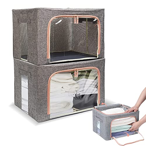 OJIMO Foldable Clothes Storage Bins 2 Pack,Stackable Metal Frame Storage Box w/Reinforced Handle, Stackable Thick Linen Fabric Closet Organizer Set with Clear Windows, Sturdy Zippers(15.4x11.4x7.9in)