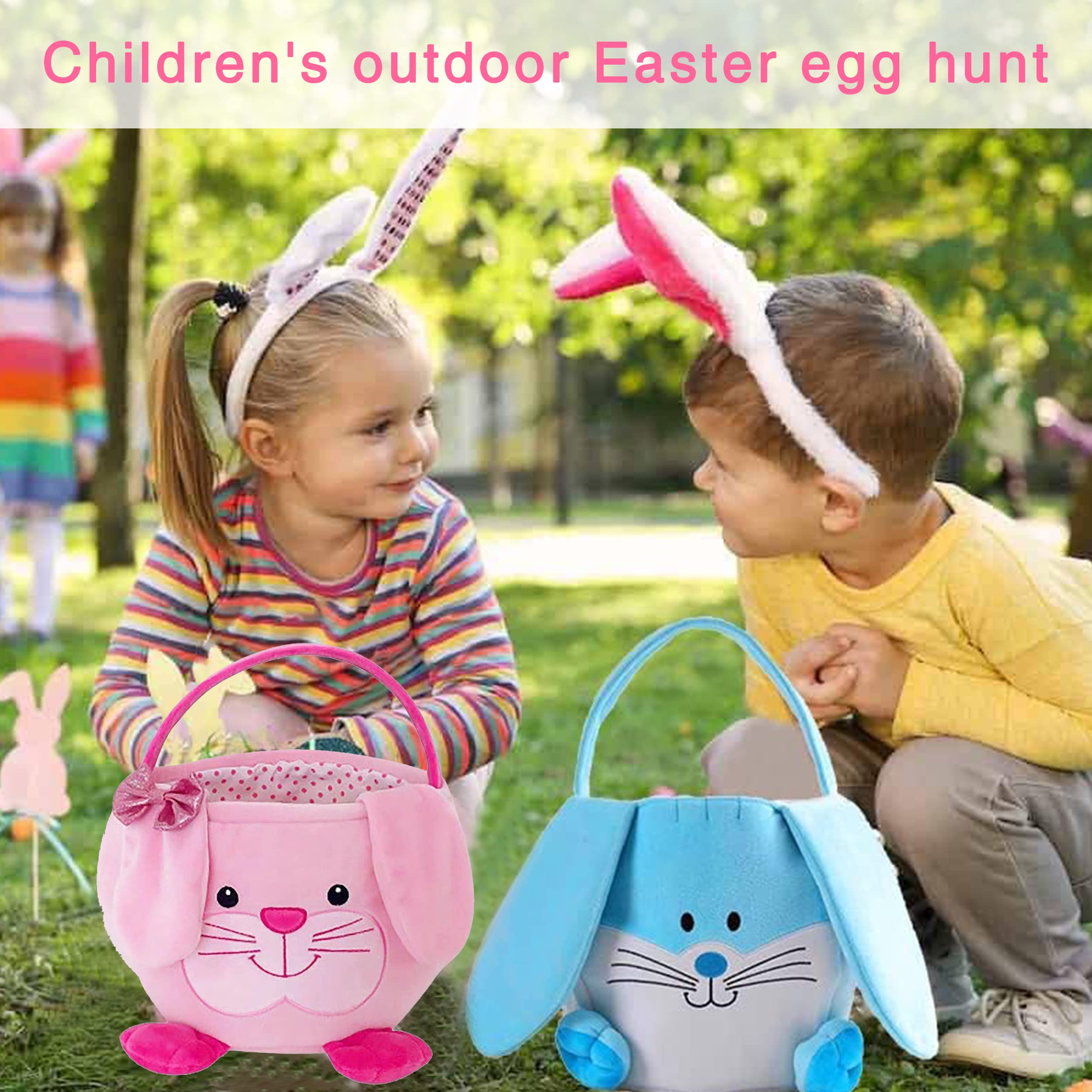 Easter Eggs Basket - 3D Cute Plush Empty Bucket with Foldable Ears - Perfect for Girls & Boys Easter Egg Hunts - Easter Baskets for Kids (Blue)