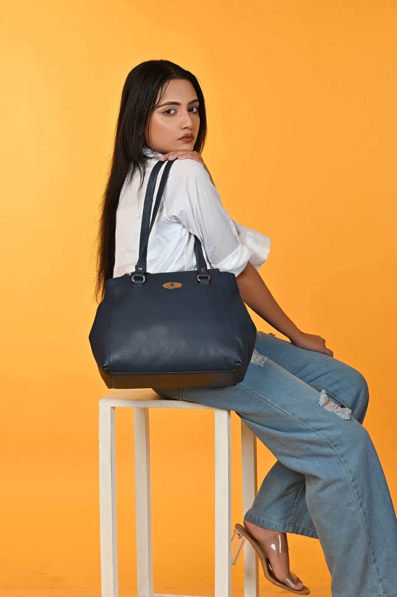 ROLANDO Rose Women's Top-Handle Leather Handbag (Navy Blue)