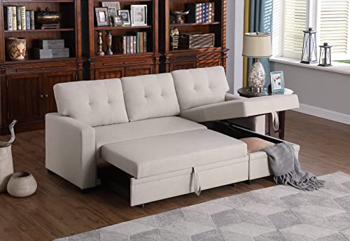 Livavege Convertible Sleeper Sectional Sofa with Pull-Out Couch Bed, L-Shaped Couch w/Storage Chaise, Modern Linen Fabric Corner 3-Seaters Couches for Living Room, Apartment and Small Space