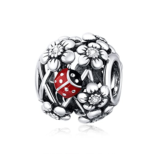 BISAER 925 Sterling Silver Daisy Flower Charms Ladybug Beads Charm for Bracelets Jewelry Gifts