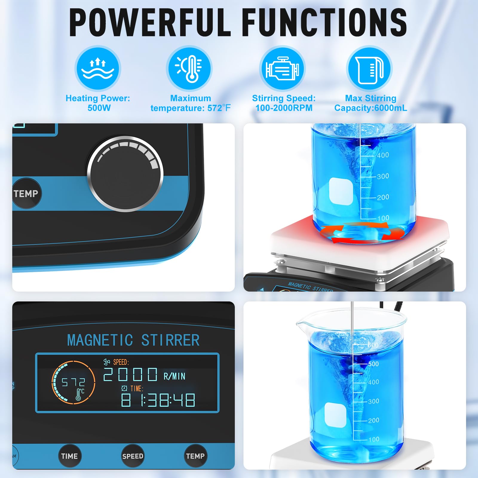 Digital Magnetic Stirrer Hot Plate w/Temp Sensor, 572℉ Magnetic Stir Plate w/3 Stir Bars, Max 6L Capacity Hot Plate Stirrer, 100-2000 RPM Magnetic Hotplate Stirrer w/LCD Display n Support Stand