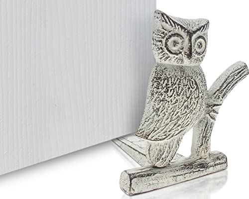 Cast Iron Owl Door Stop | Decorative Door Stopper Wedge | with Padded Anti-Scratch Felt Bottom | Vintage Rustic Design Owl Shape | 6x6.5x6.3β | Rustic White