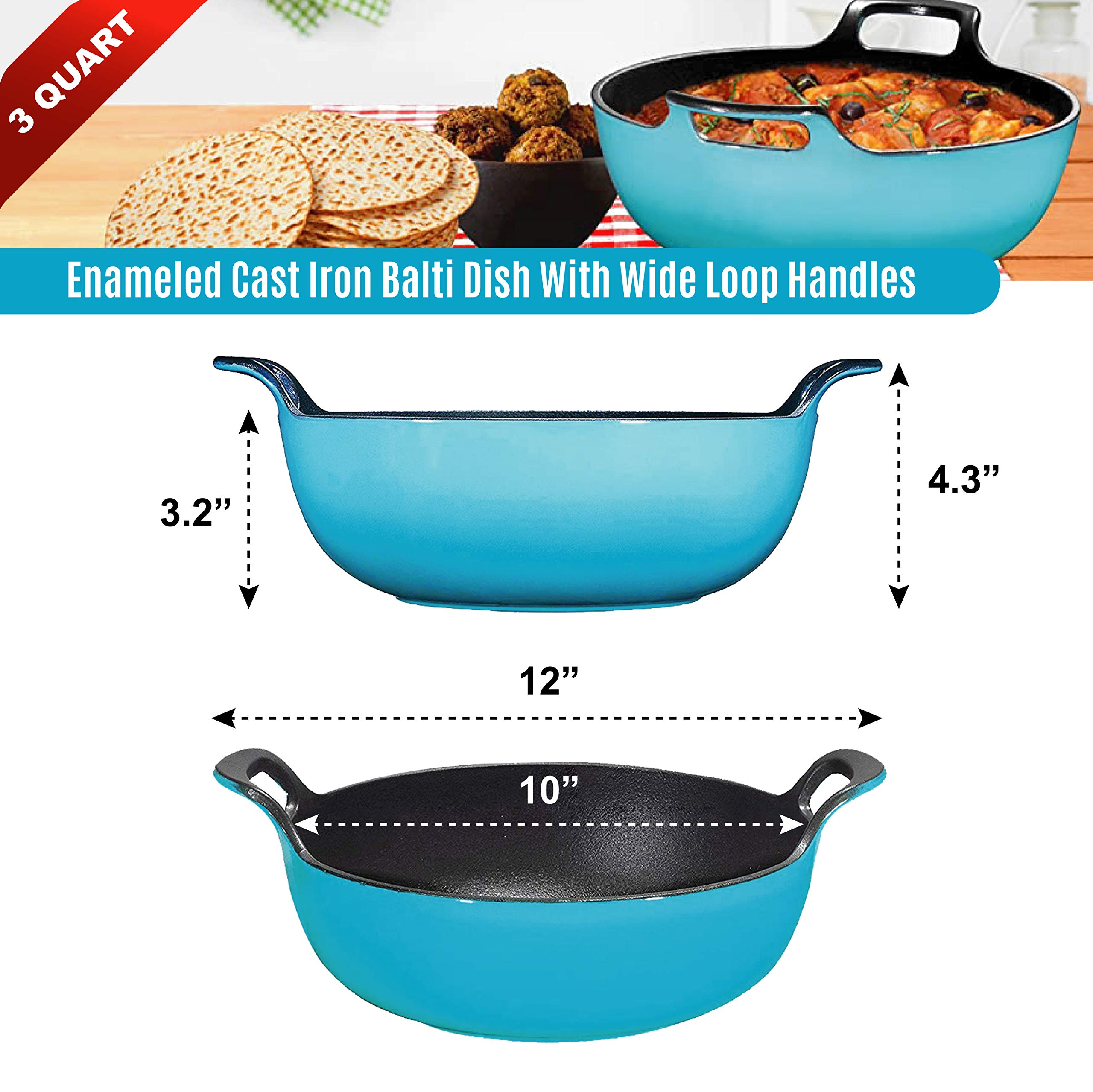 Bruntmor 3 Qt Pre-seasoned Cast Iron Balti Dish In Black, 3 Quart Medium Cast Iron Casserole Dish, Nonstick Handi Cast Iron Kadai Indian, Asian Wok, Pioneer Women Dutch Oven