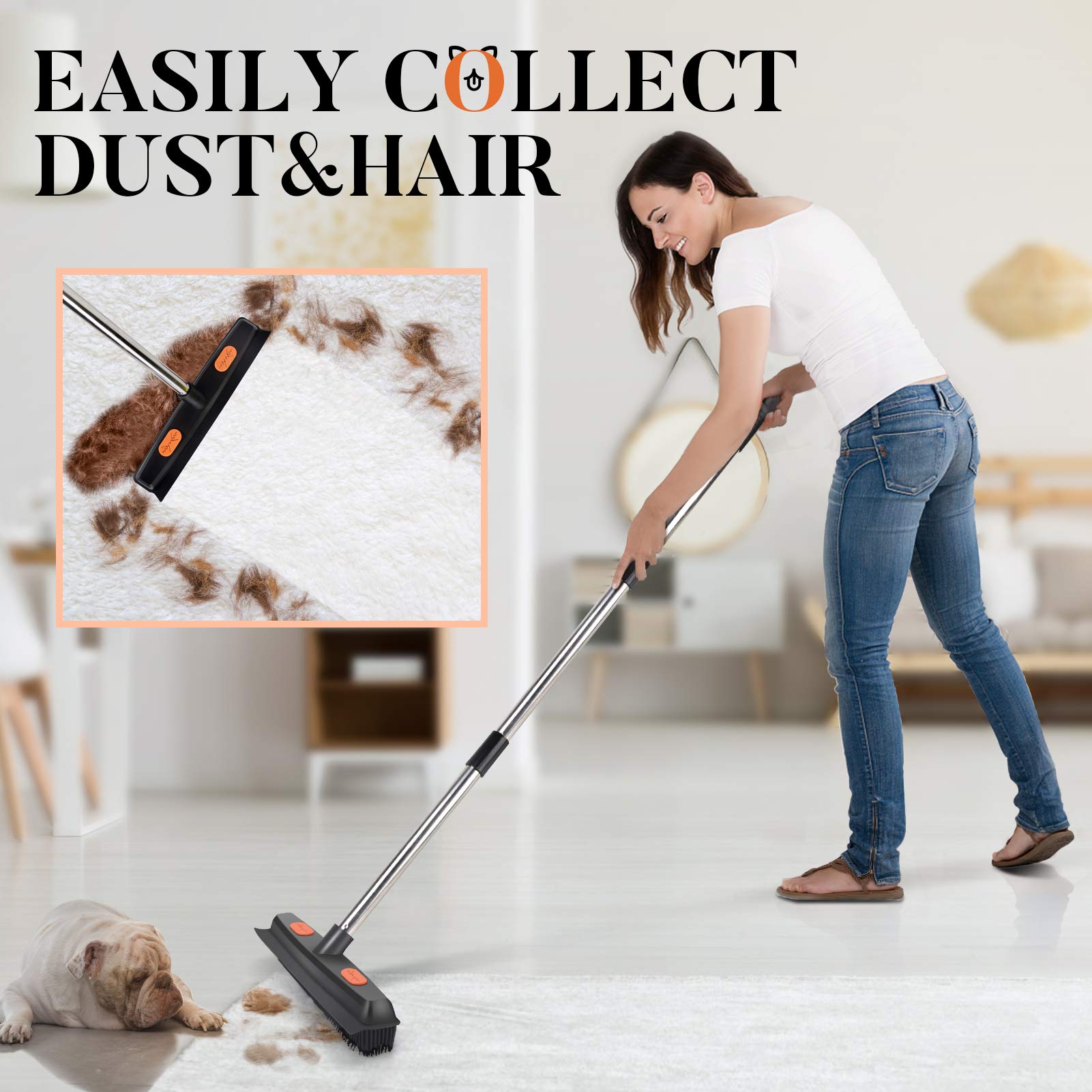 Conliwell Rubber Broom Carpet Rake for Pet Hair, Fur Remover Broom with Squeegee and 18" Professional Microfiber Mop Floor Cleaning System