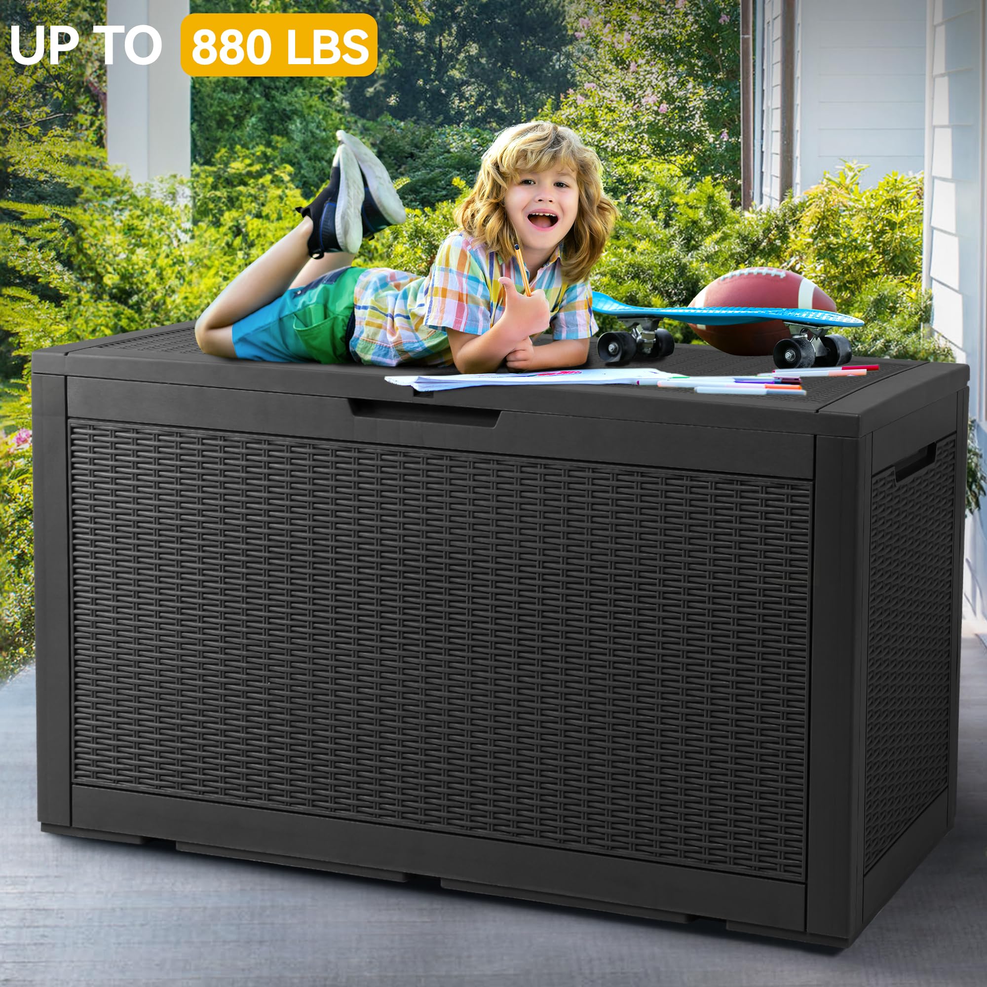 DWVO 100 Gallon Outdoor Storage Box, Large Deck Box Lockable Waterproof and UV Resistant Resin for Gardening Tools, Pool Supplies, Patio Cushions (Black)
