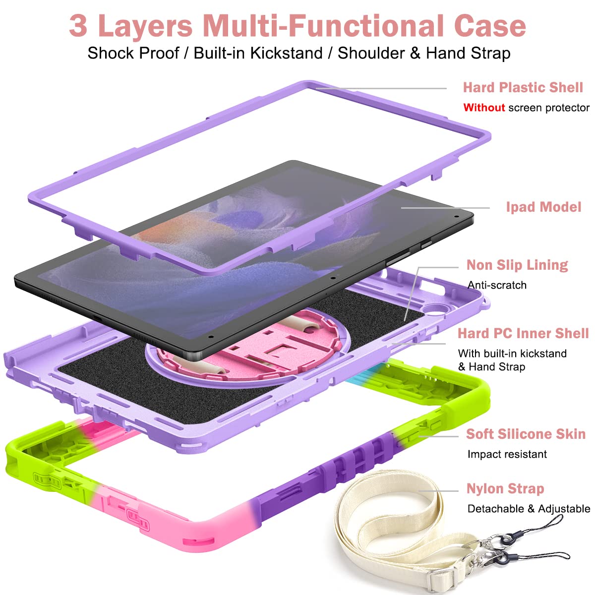 Hocase for Galaxy Tab A8 10.5" Case, with 360 Rotation Stand/Hand & Shoulder Strap, Heavy Duty Shockproof Rugged Rubber Hard Protective Case for Samsung Galaxy Tab A8 10.5" (2022) - Rainbow
