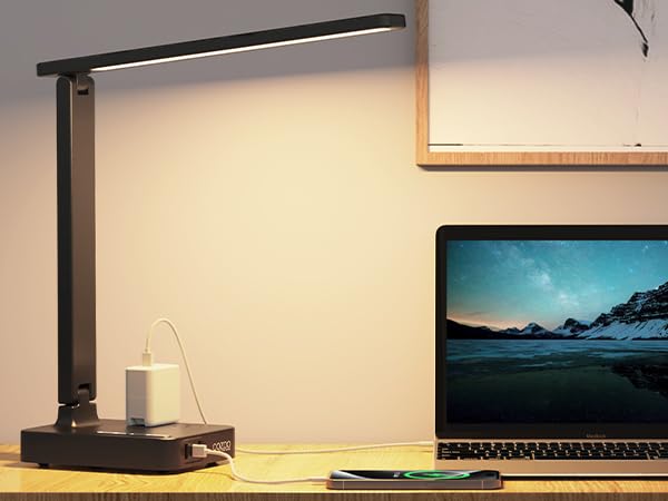 Wood LED Desk Lamp with 3 USB Charging Ports and 2 AC Outlets,3 Color Temperatures & 3 Brightness Levels, Touch/Memory/Timer Function,10W Eye Protection Foldable Reading Light,Office Table Lamp Wood