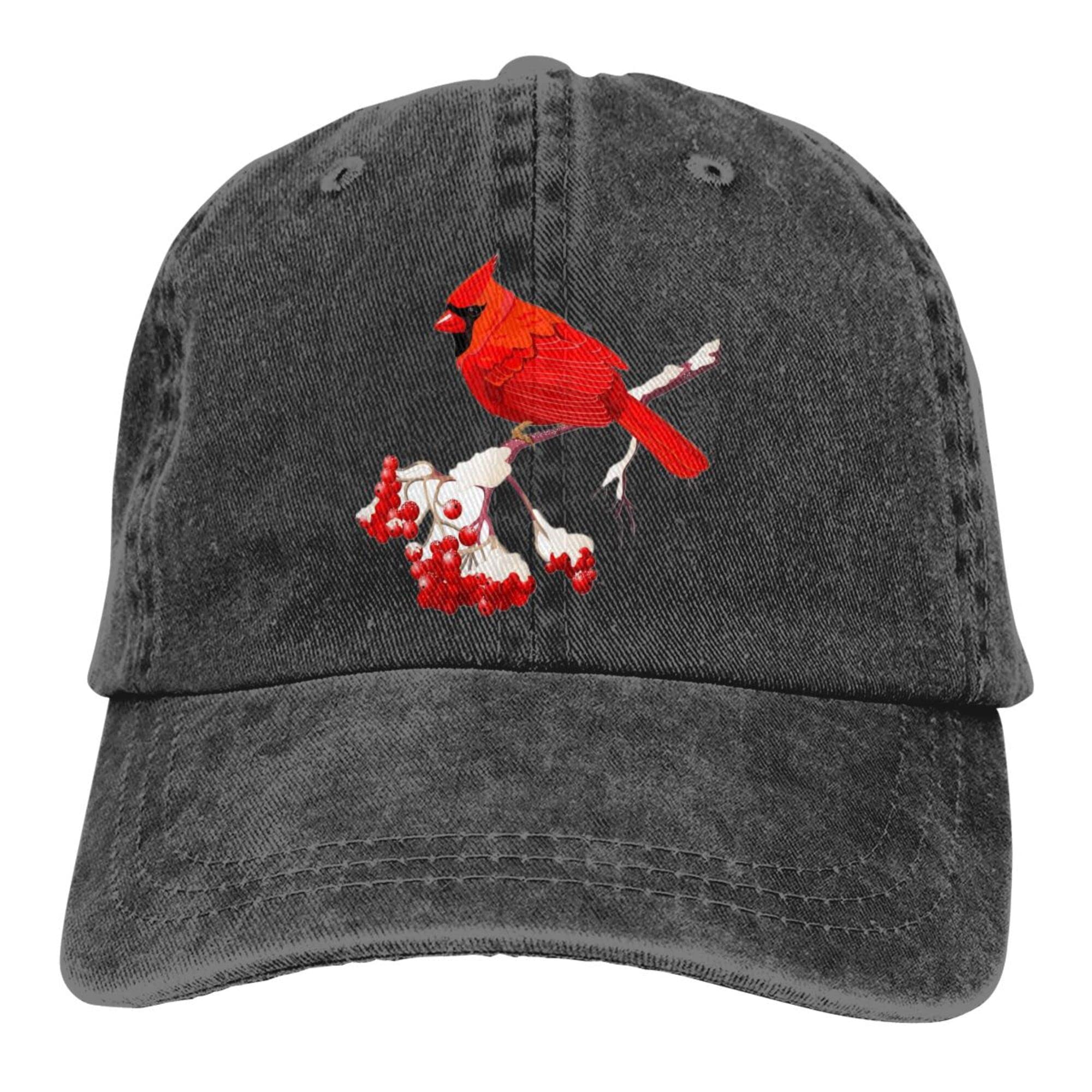BISZANQA Red Cardinal Bird Sitting On Mountain Print Hat,Black Baseball Cap for Unisex Adult Denim Hats, Medium-Large