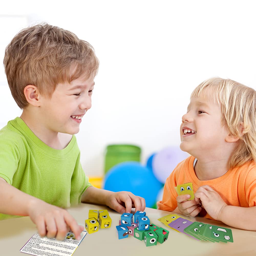 Wooden Expression Puzzle Building Cubes Game Face Changeing Magic Cube Building Blocks with Bell Parent-Child Board Games for 3+ Years Kids Educational Montessori Toys Gifts