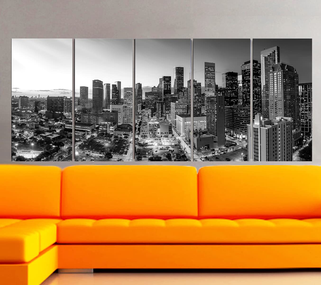 BoxColors - XLARGE 30"x 70" 5 Panels 30"x14" Ea Art Canvas Print Houston Texas skyline Black & white Wall Home decor (framed 1.5" depth)