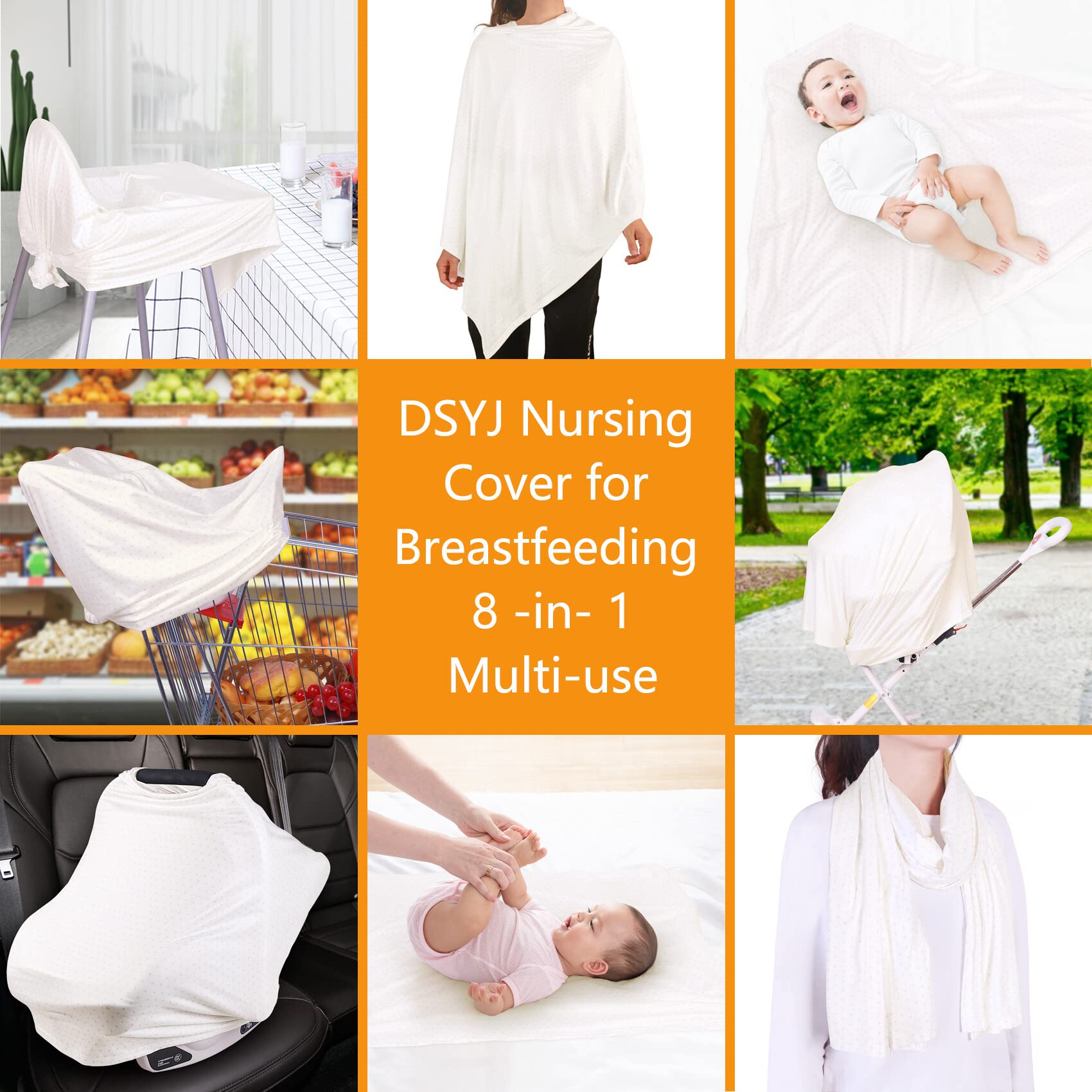 DSYJ Nursing Covers for Breastfeeding Poncho Cover, Soft & Breathable Fabric, 360° Full Privacy Universal Fit Multi Use 8-in-1 for Baby Car Seat Cocoon Feeding Canopy White