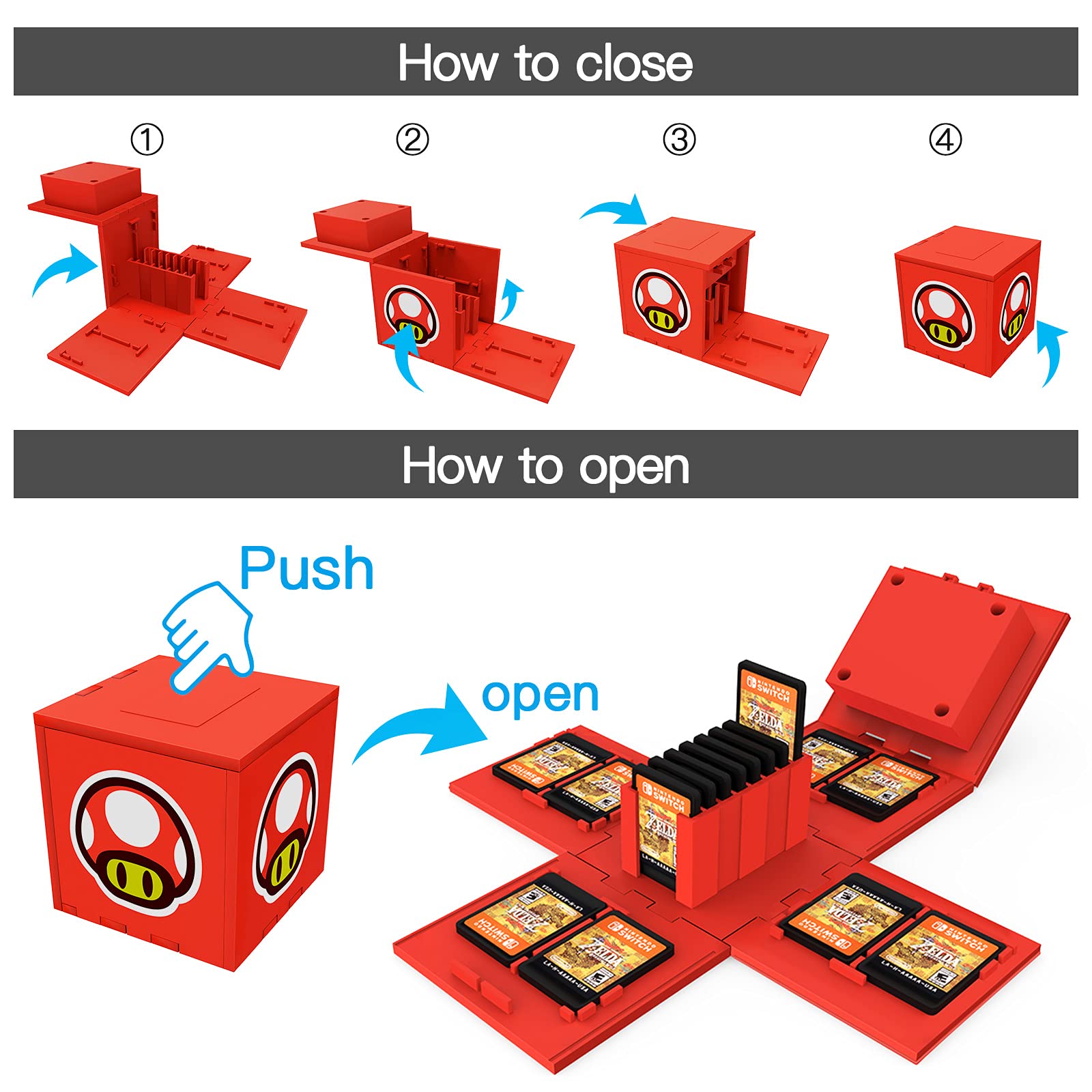 UFOPETIE 16 in 1 Game Storage Box for Switch Game Cards Mario Games Cube up to 16 Games,for Nintendo Switch Game Card Case Cube Nintendo Switch Game Storage Box Mario Mushrooms Thumb Grip 2PCS