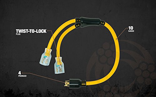 Coleman Cable 01934 3-Feet Generator Power Cord Adapter, 10/4 Splitter Y Adapter, L14-30P to (2) 10/3 Lighted 5-20R