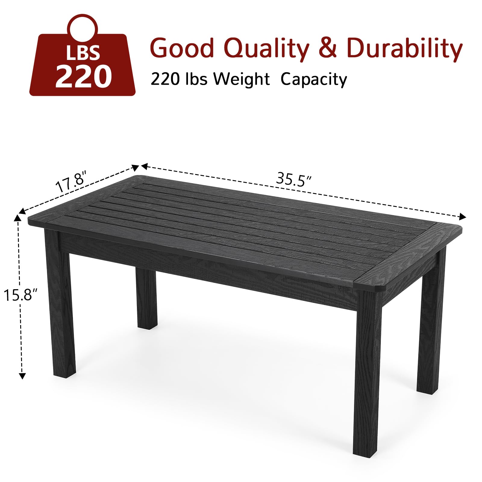Stoog Outdoor Coffee Table, All-Weather Poly Lumber Patio Side Table, Rectangle End Table for Backyard, Porch, Garden, Balcony & Deck, Black