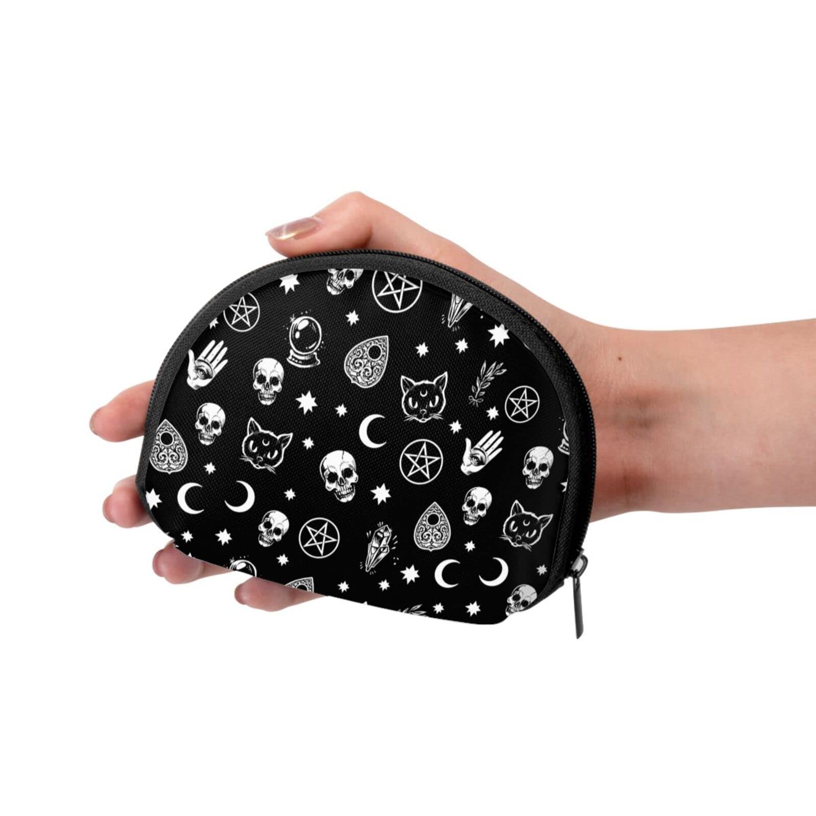 Skull Cat Moon Gothic Canvas Small Coin Purse Pouch Change Wallet Card Holder with Zipper for Women Girls Gift
