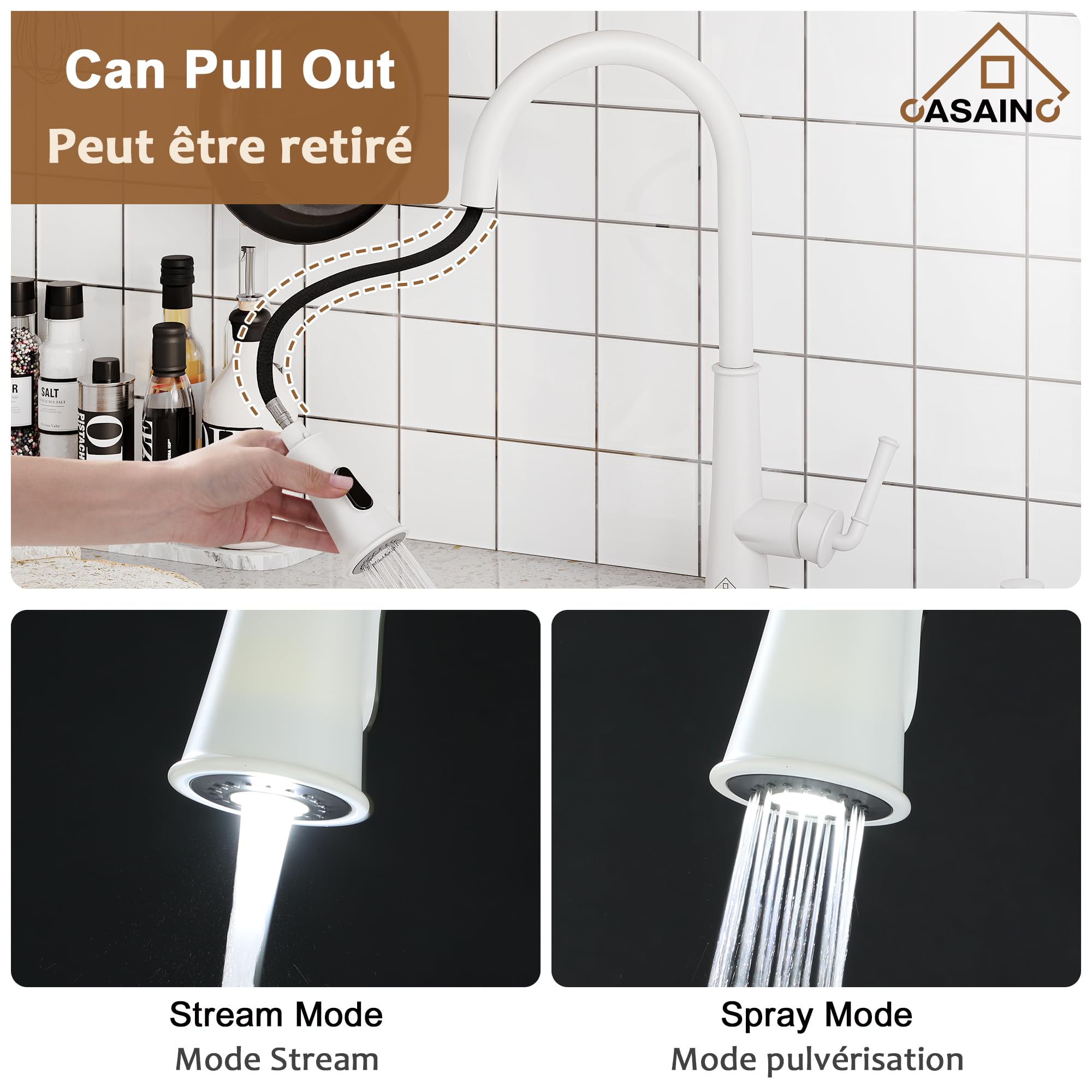CASAINC Kitchen Faucet with Pull Down Sprayer Matte White with LED Function, 17.31in H Touchless 1.8 gpm Single Handle Kitchen Sink Faucet, Lead-Free Copper for Bar Laundry Kitchen Sink