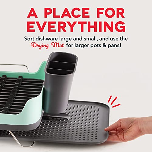 DASH SmartStore™ Full Size Dish Rack – Plates, Cups, Utensil Holder, Knife Slot, Drainage Spout + Drying Mat – Aqua