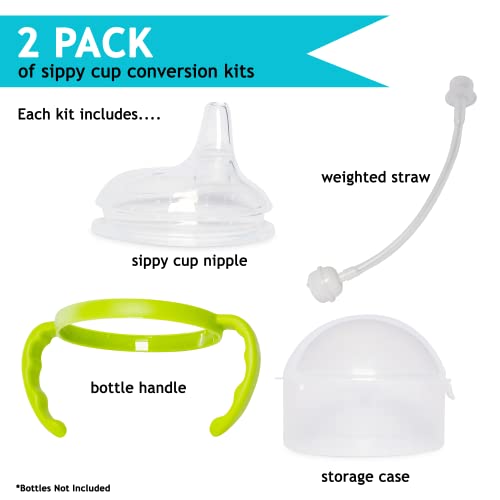 Soft Spout Transition Sippy Cup Kit for Comotomo Baby Bottles | Conversion Kit Fits 5 Ounce and 8 Ounce Bottles | Sippy Cup Baby Bottle Nipple with Weighted Straw and Bottle Handles (2 Pack, Green)