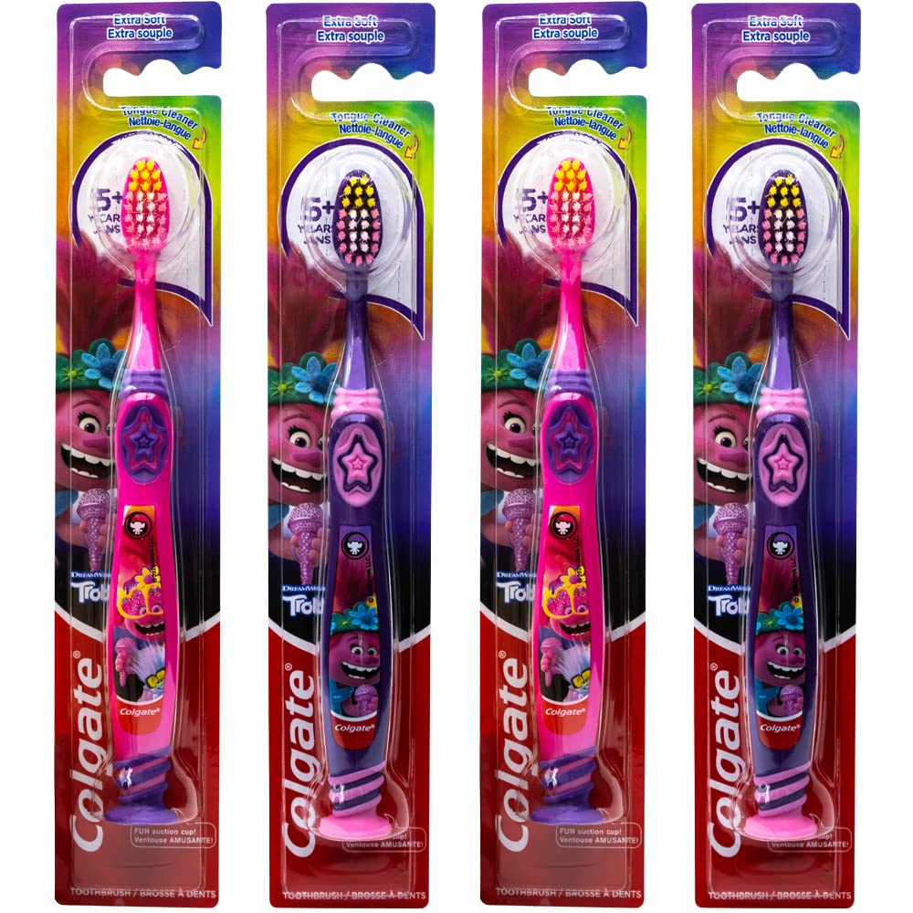 Colgate Kids Trolls Toothbrush with Suction Cup, Children Ages 5+ Extra Soft (Colors Vary) - Pack of 4