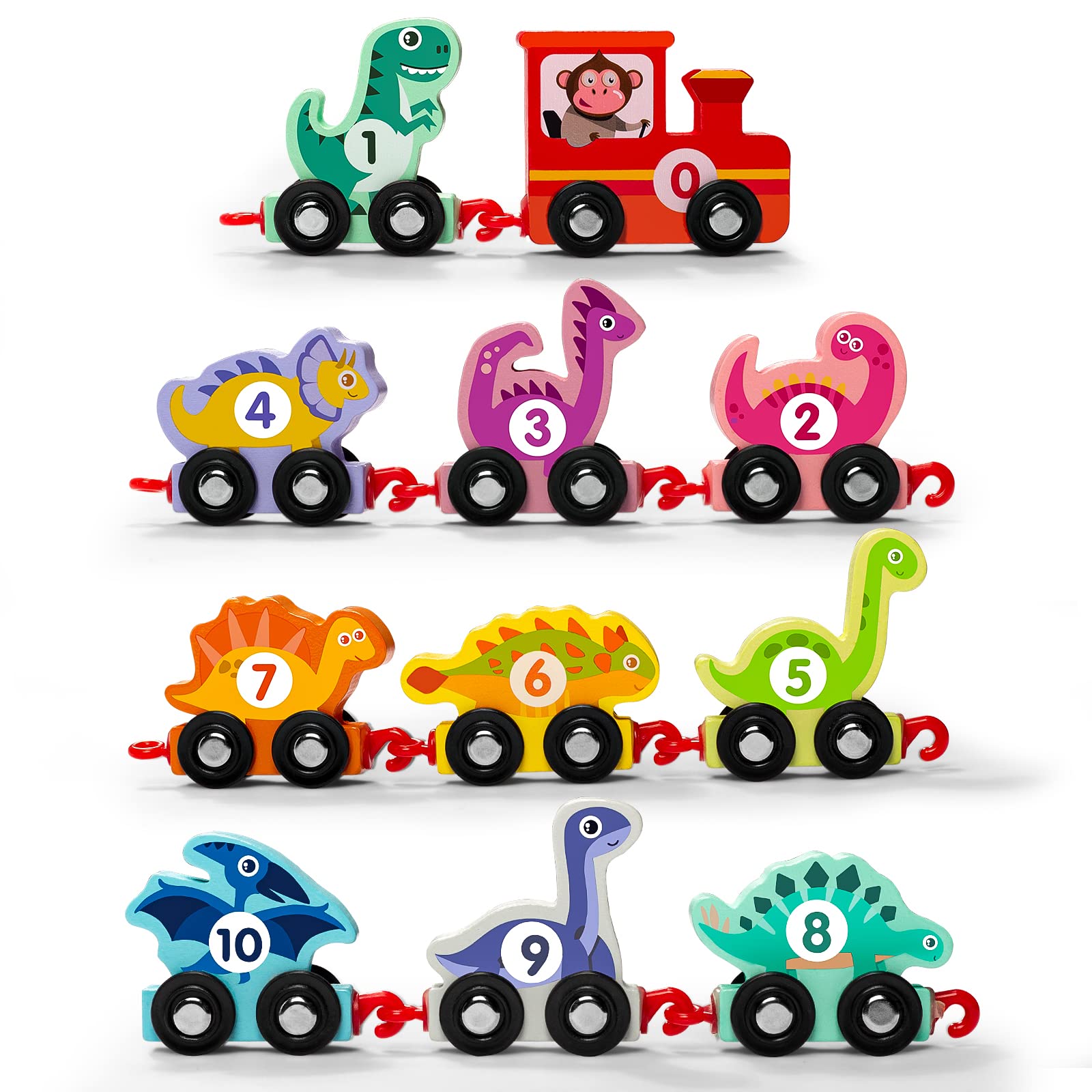 Wooden Dinosaur Numbers Train Game for Toddlers 3 Years Old,Early Education Learning Calculation Block Kit Toys for Boys & Girls Birthday Gift.