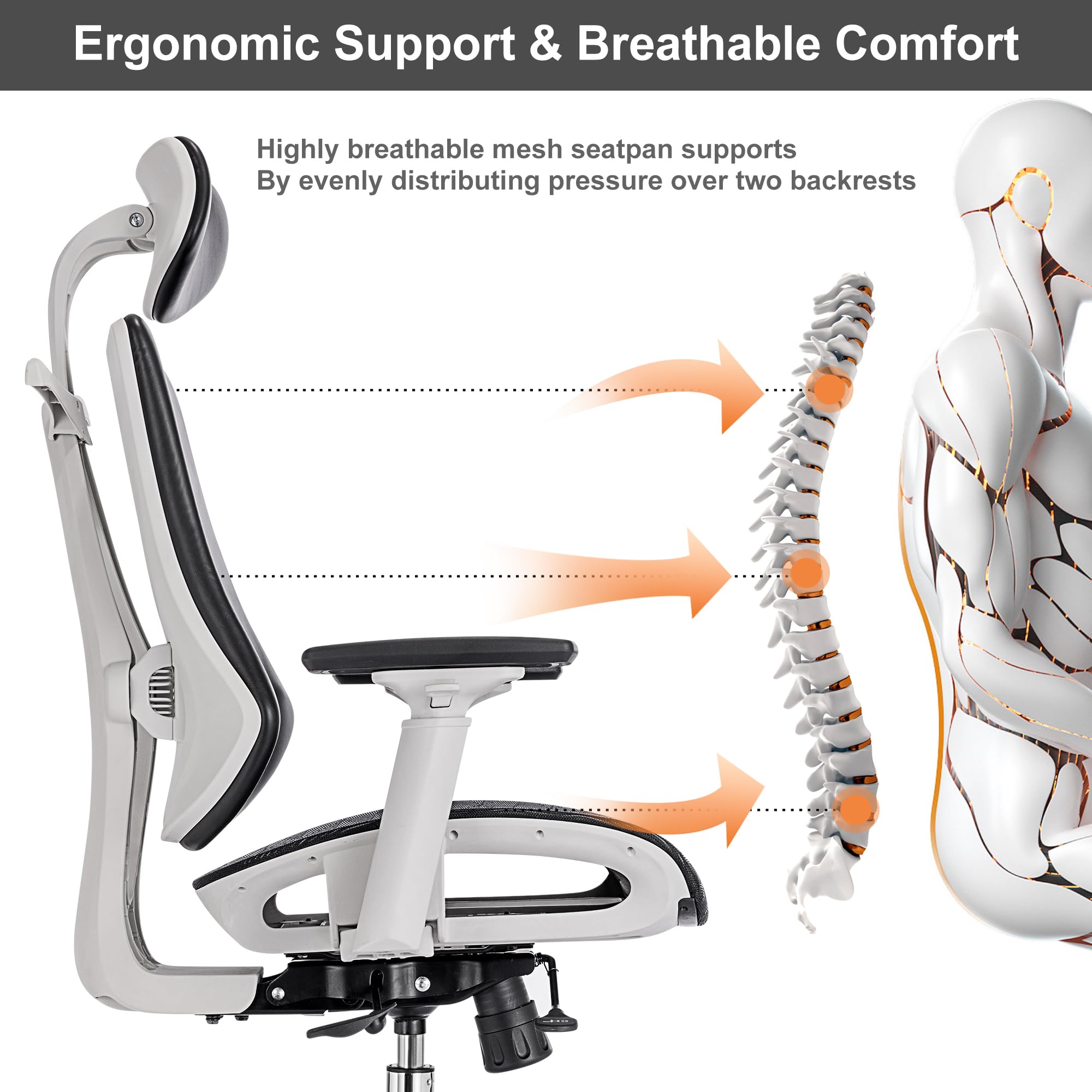 BV Ergonomic Dual Backrests Office Chair, Lumbar Support Office Desk Chair Back Support, Breathable mesh Office Chair 3D Adjustable Armrest(Mesh White)