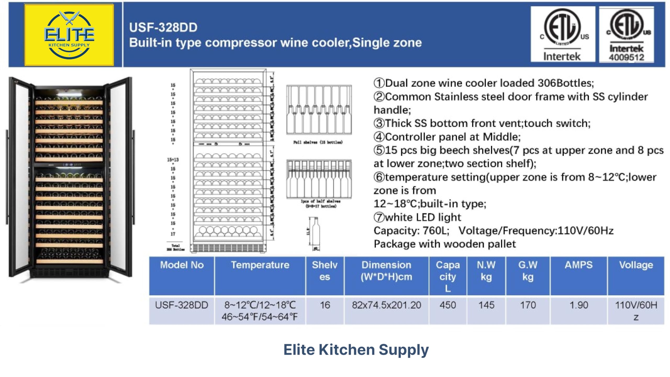 Elite Kitchen Supply Commercial Wine Cooler Dual Zone Refrigerator, ETL NSF 300-350 Bottles Reversible Fridge Merchandiser, Restaurant Bar Grocery Store